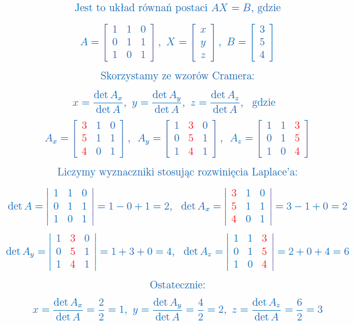 Rozwiąż układ Cramera z 3 niewiadomymi - zad. (1) - Obliczone.pl